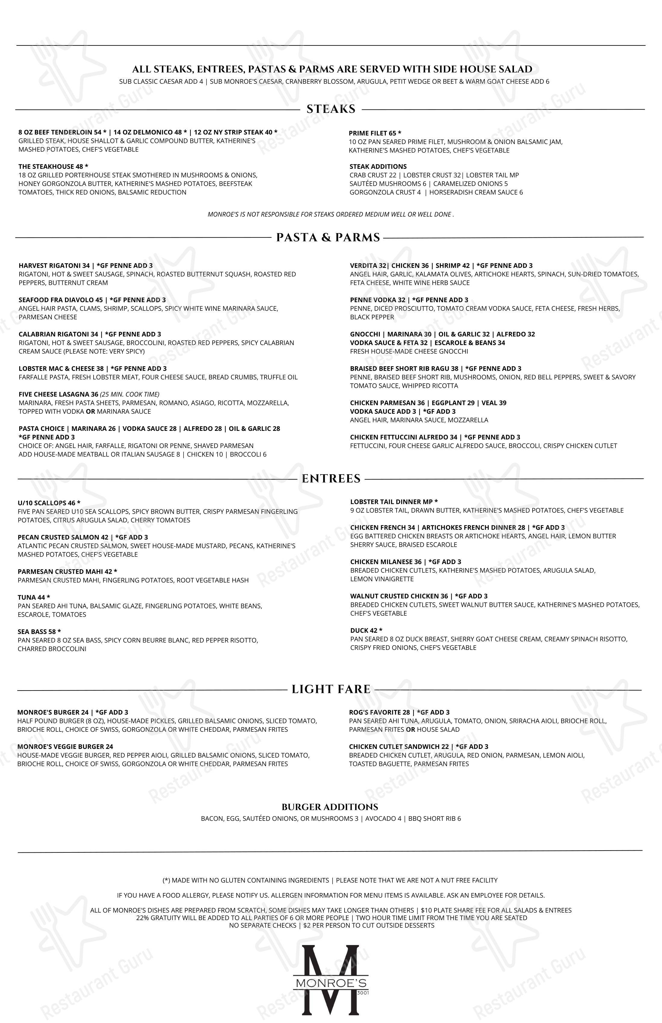 Menu at Monroes Restaurant, Rochester