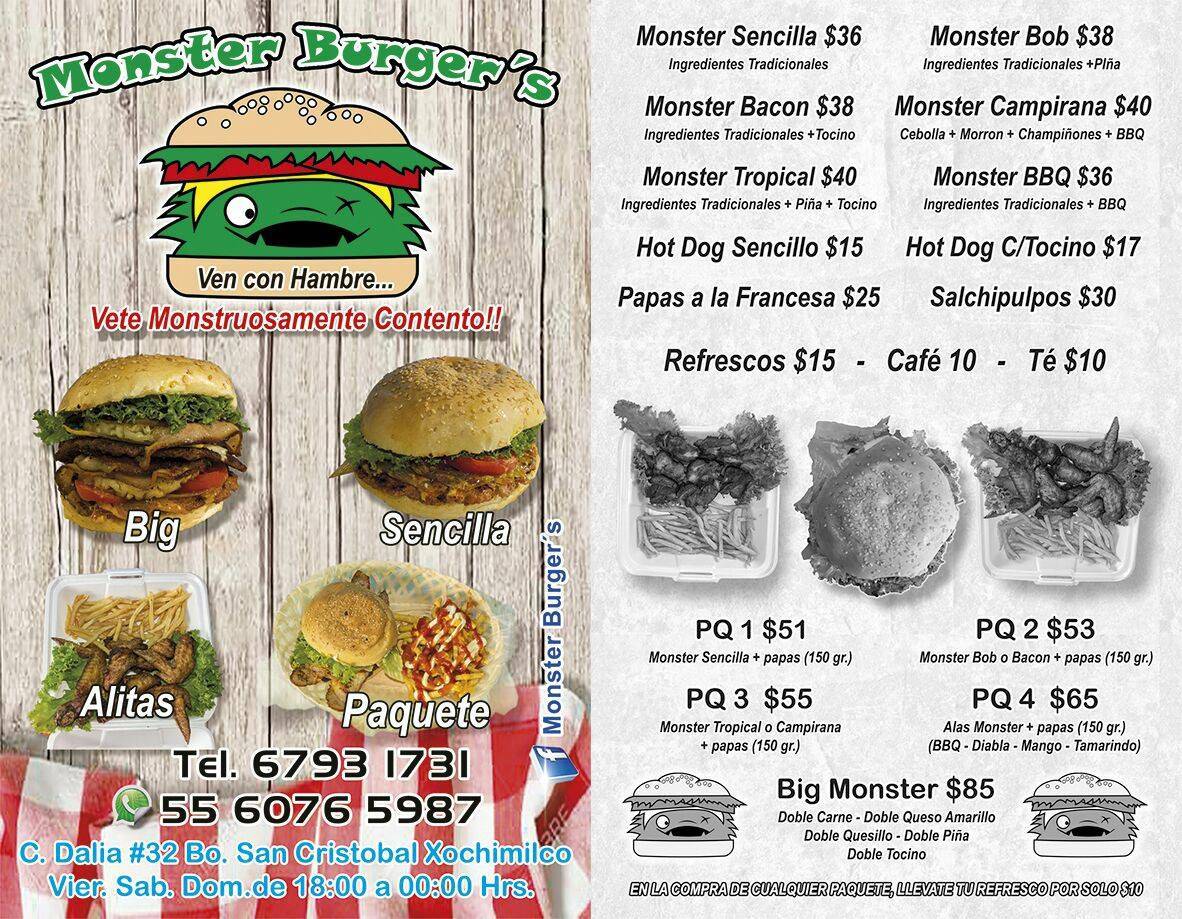 Carta del restaurante Monster Burger's, Ciudad del México