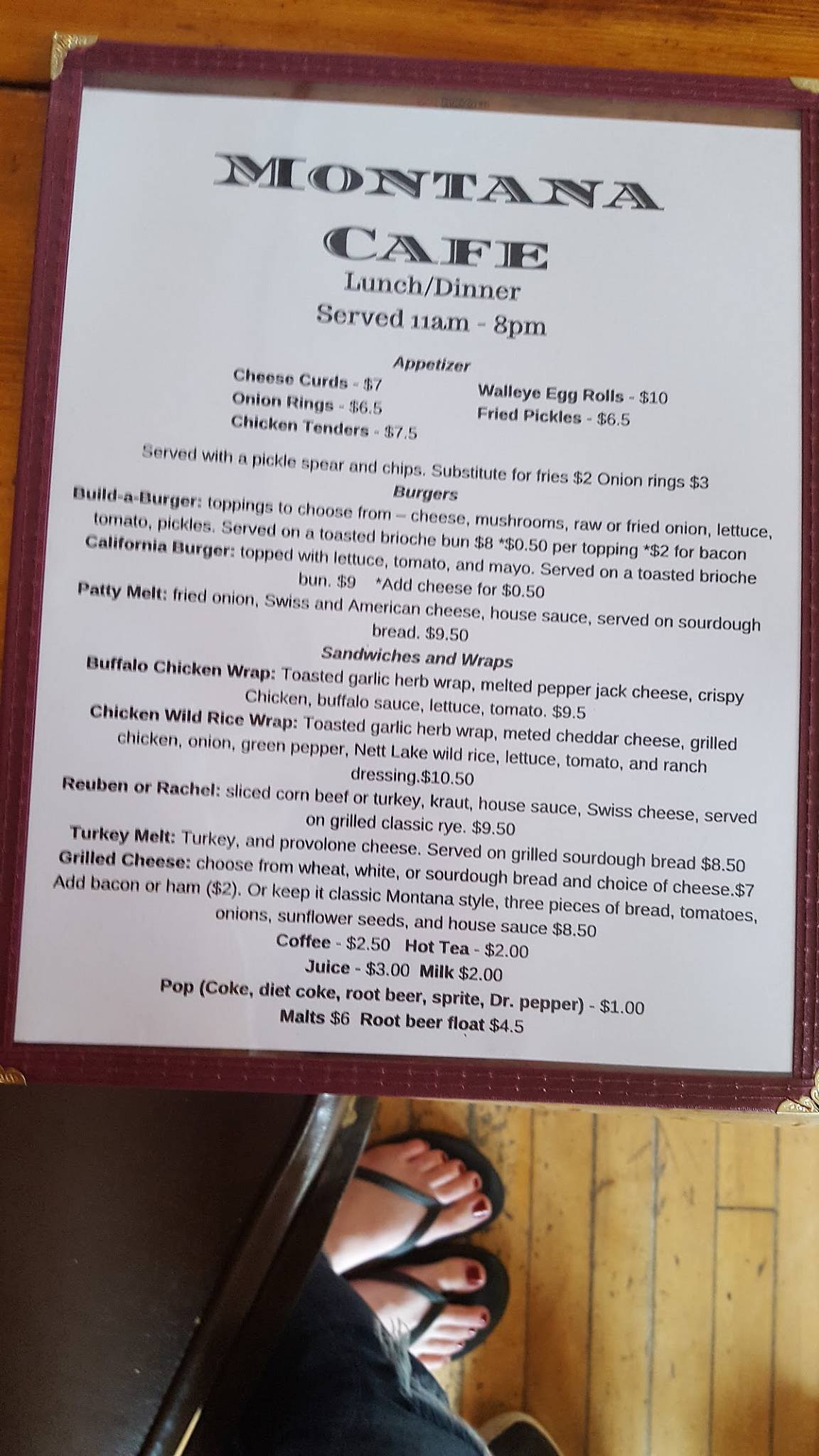 Menu at Montana Cafe, Cook