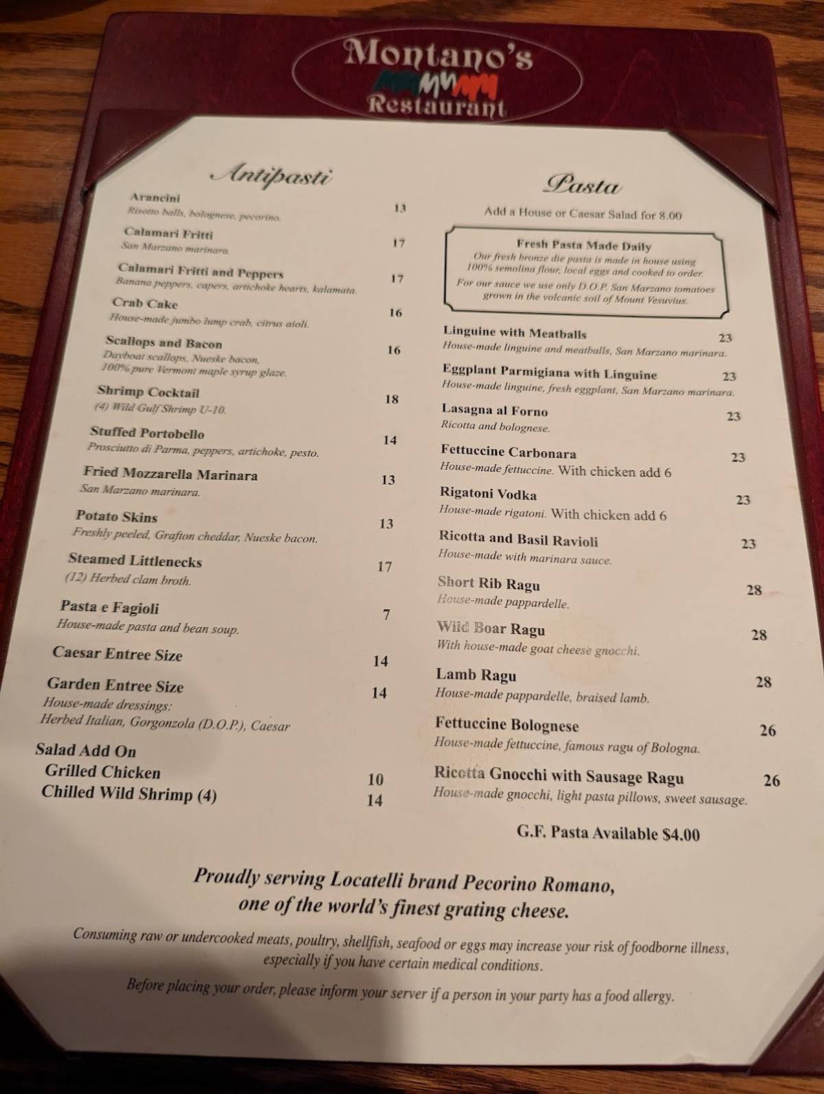 Menu at Montano's Restaurant, North Truro, 481 US-6