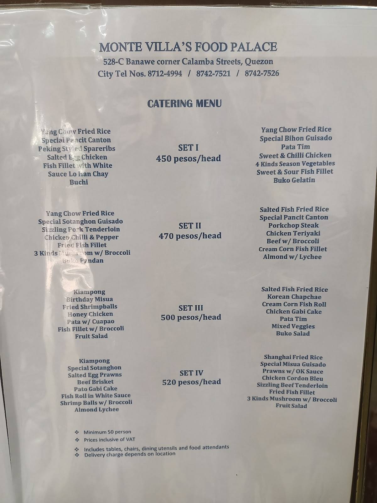 Menu at Monte Villa's Food Palace restaurant, Quezon City