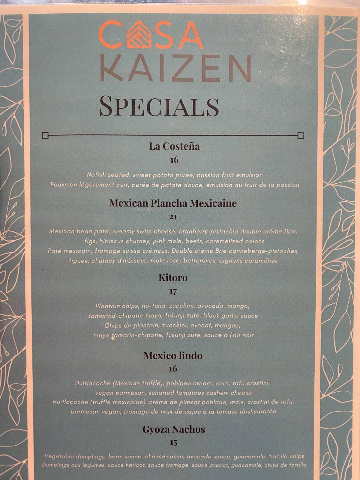 Menu at Casa Kaizen restaurant, Montréal, 16 Ave des Pins