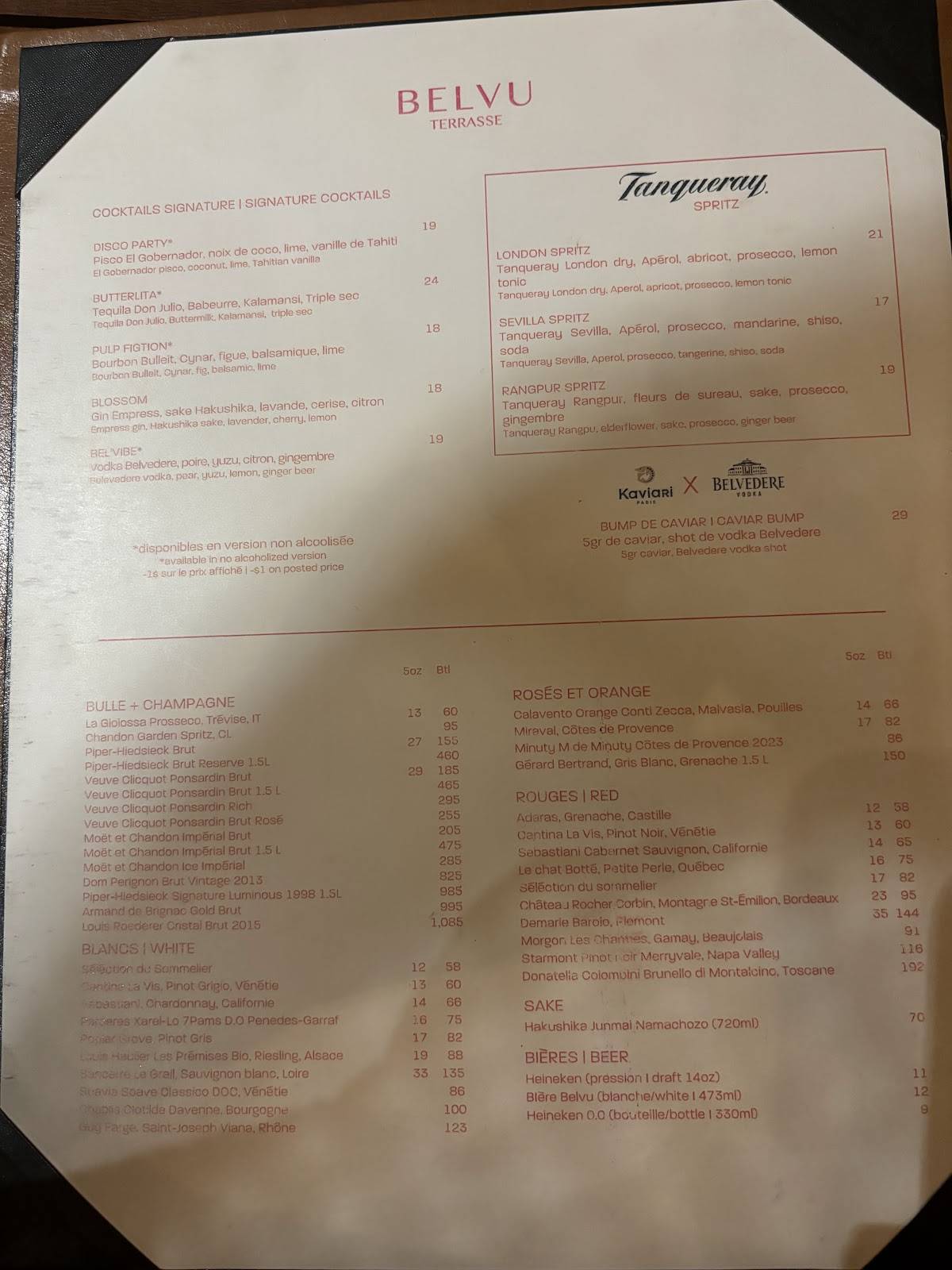 Menu at Terrasse Belvu restaurant, Montréal