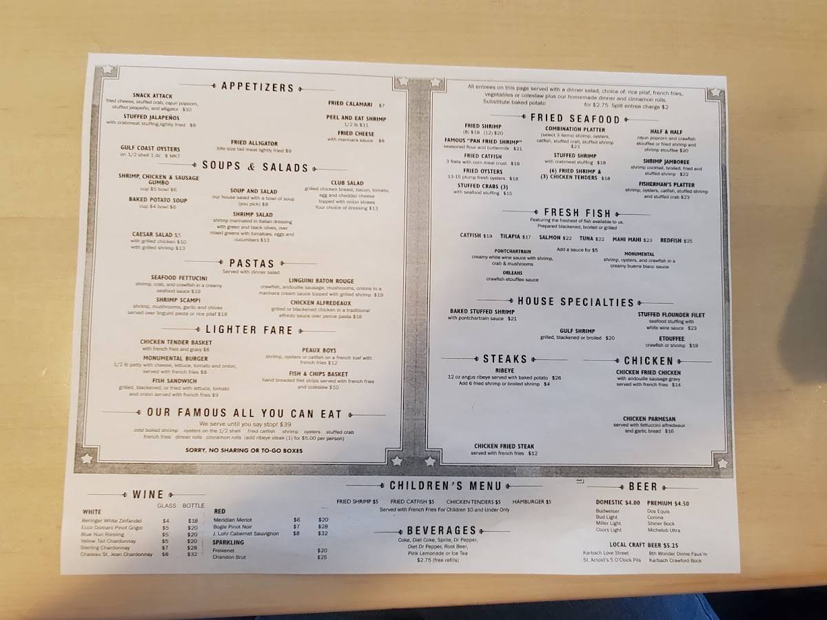 Menu at Monument Inn restaurant, La Porte, Independence Pkwy