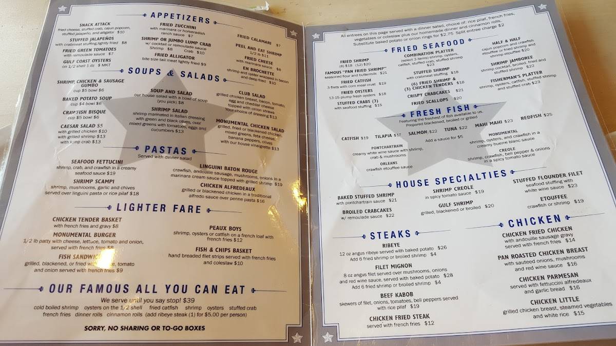 Menu at Monument Inn restaurant, La Porte, Independence Pkwy