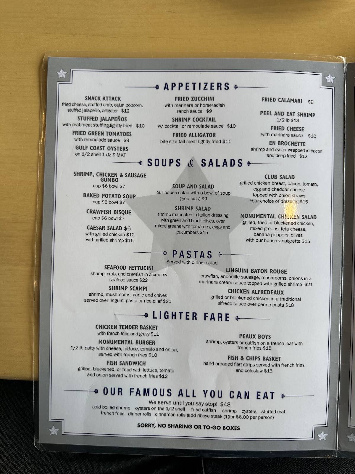 Menu at Monument Inn restaurant, La Porte, Independence Pkwy