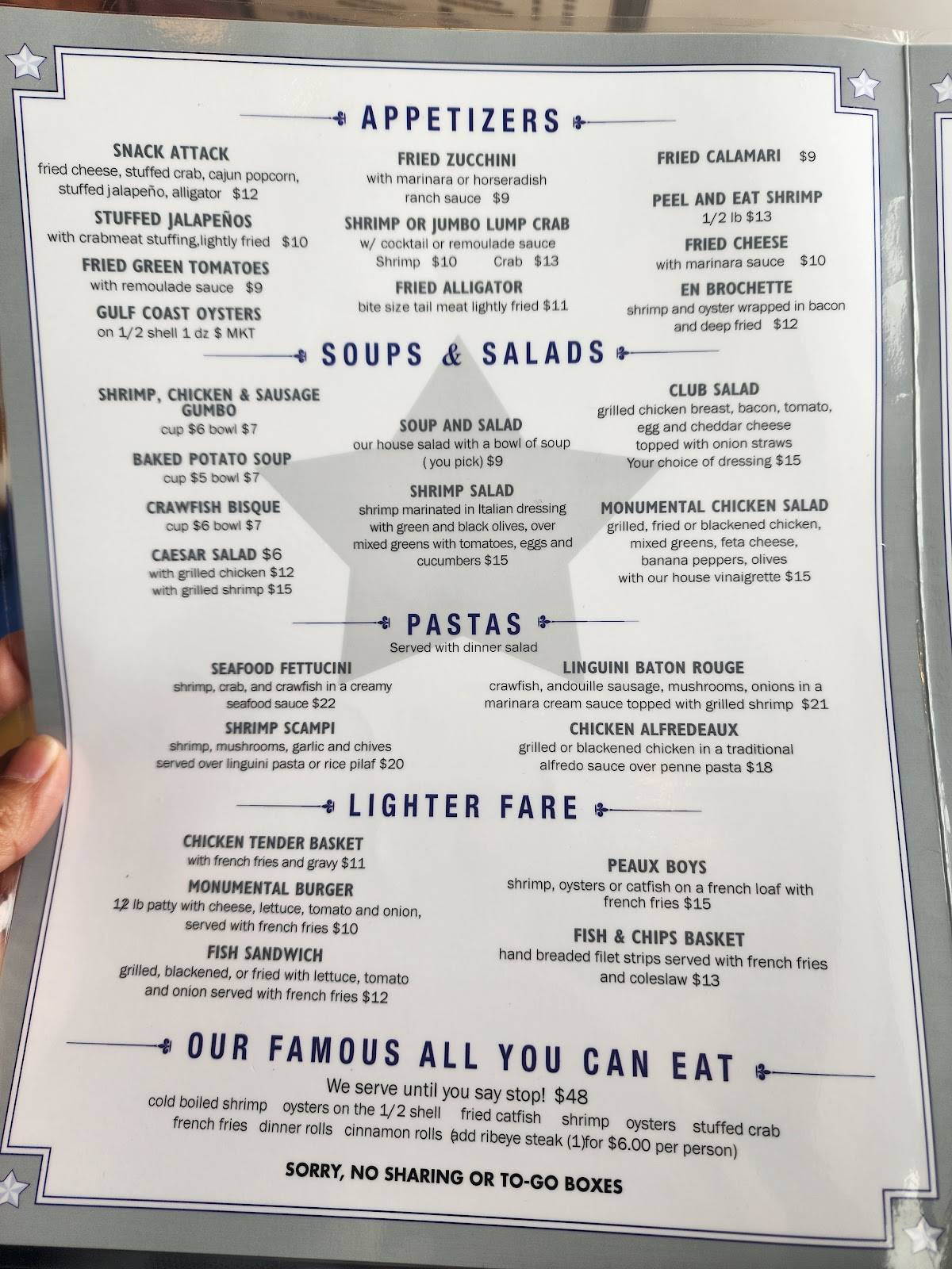 Menu at Monument Inn restaurant, La Porte, Independence Pkwy