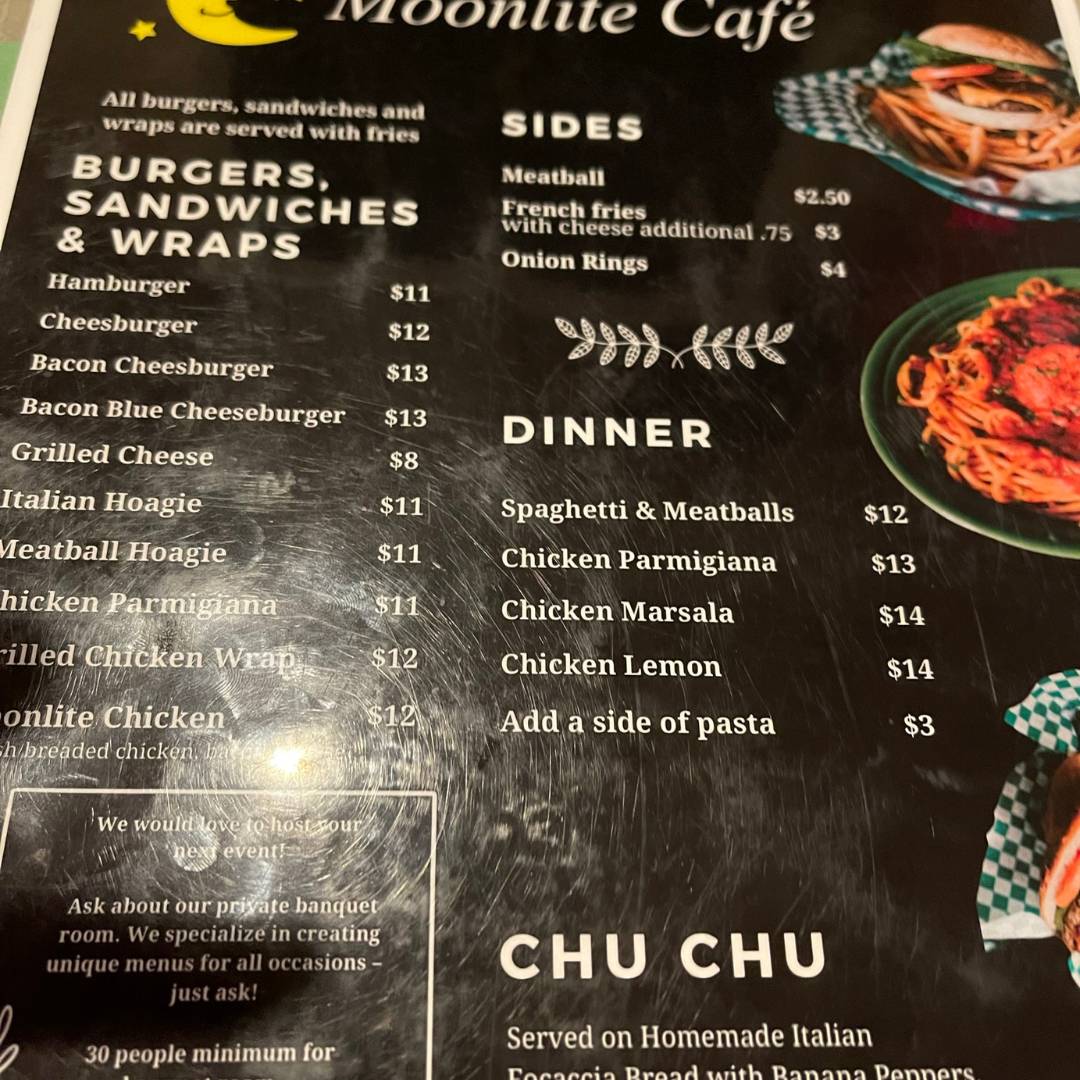 Menu at Moonlite Cafe, Pittsburgh