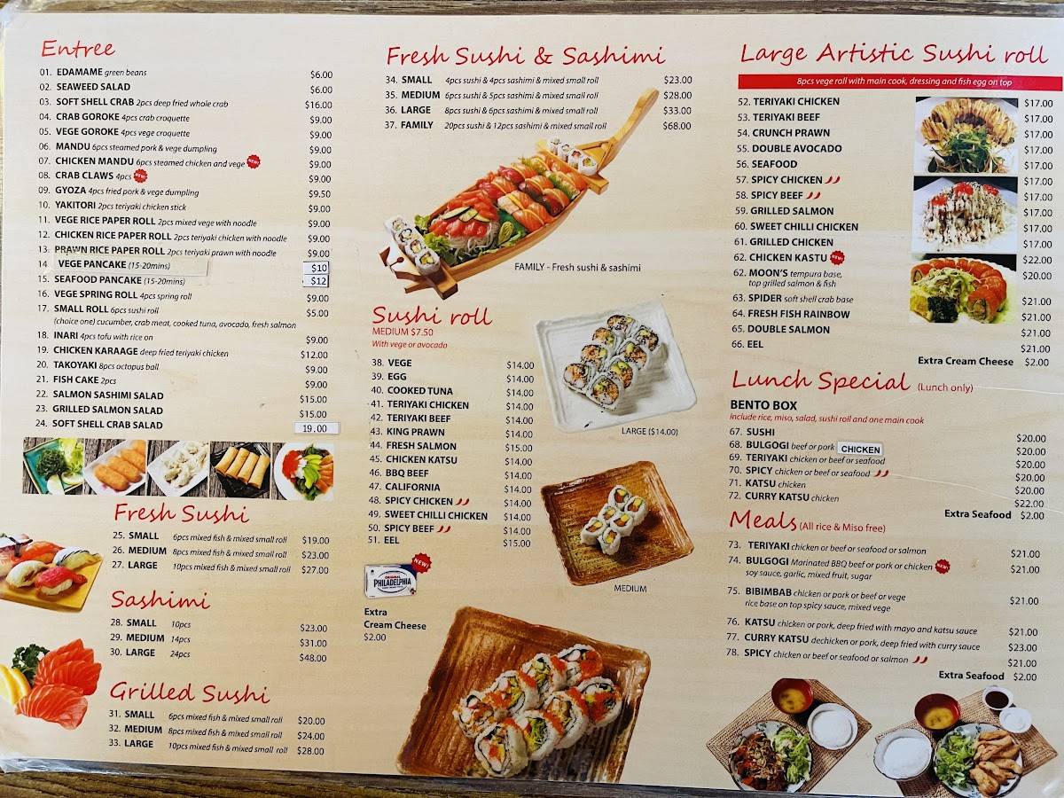 Menu at Moon's Sushi Shellharbour restaurant, Shellharbour
