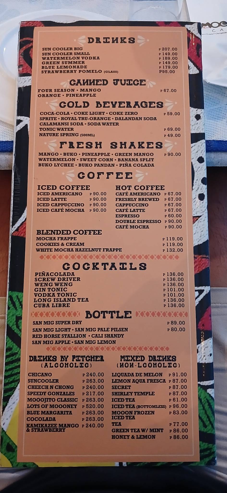 Menu at Mooon Cafe - Escaño Beach, Dumaguete