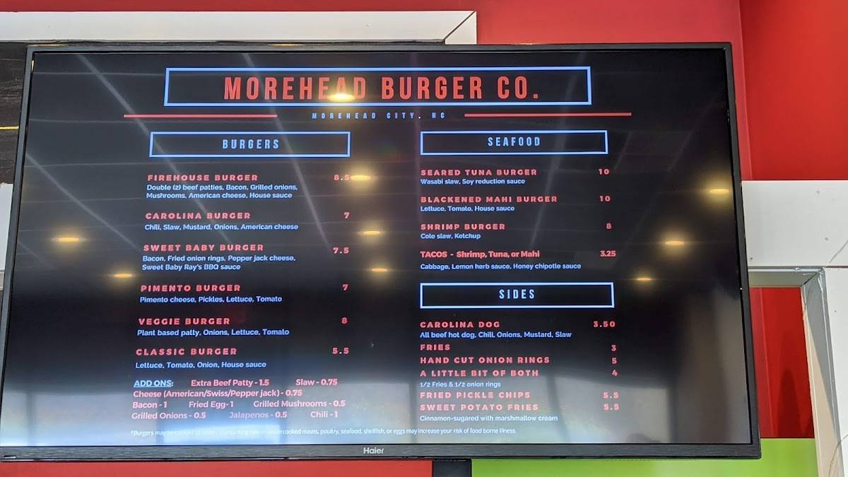 Menu at Morehead Burger Company restaurant, Morehead City, 278 NC-24 L