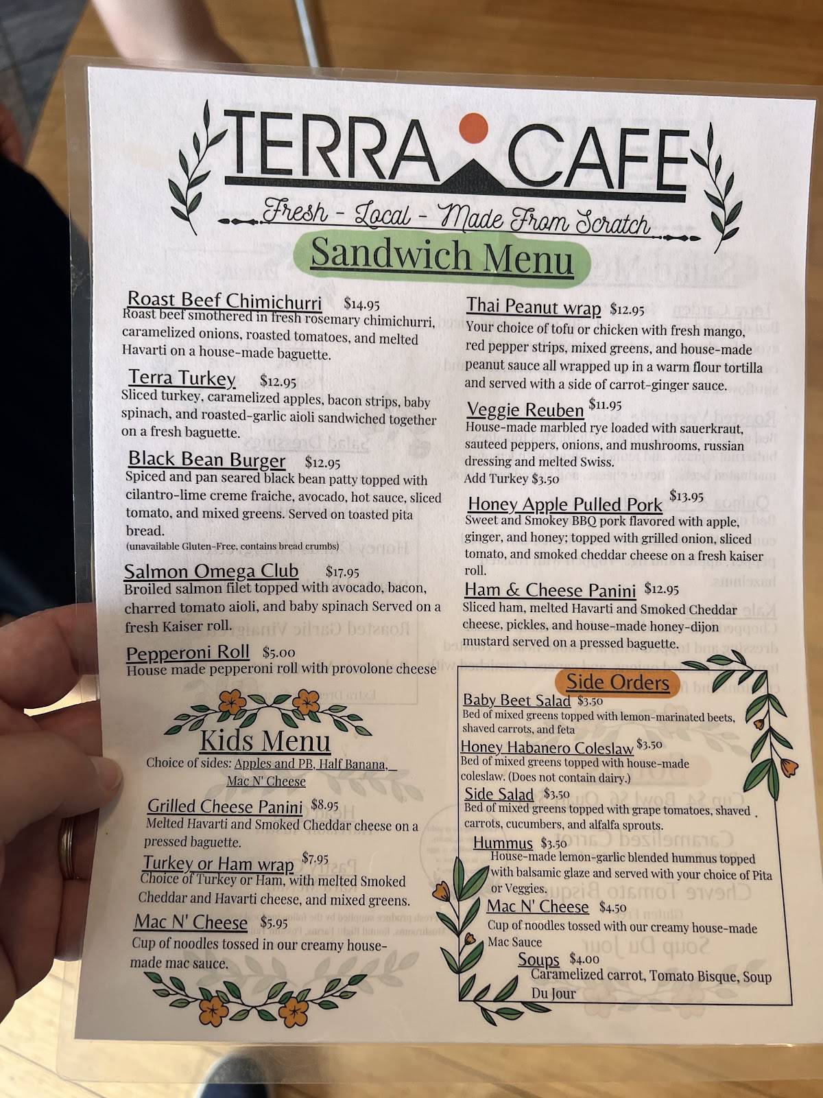 Menu at Terra Café cafe, Morgantown