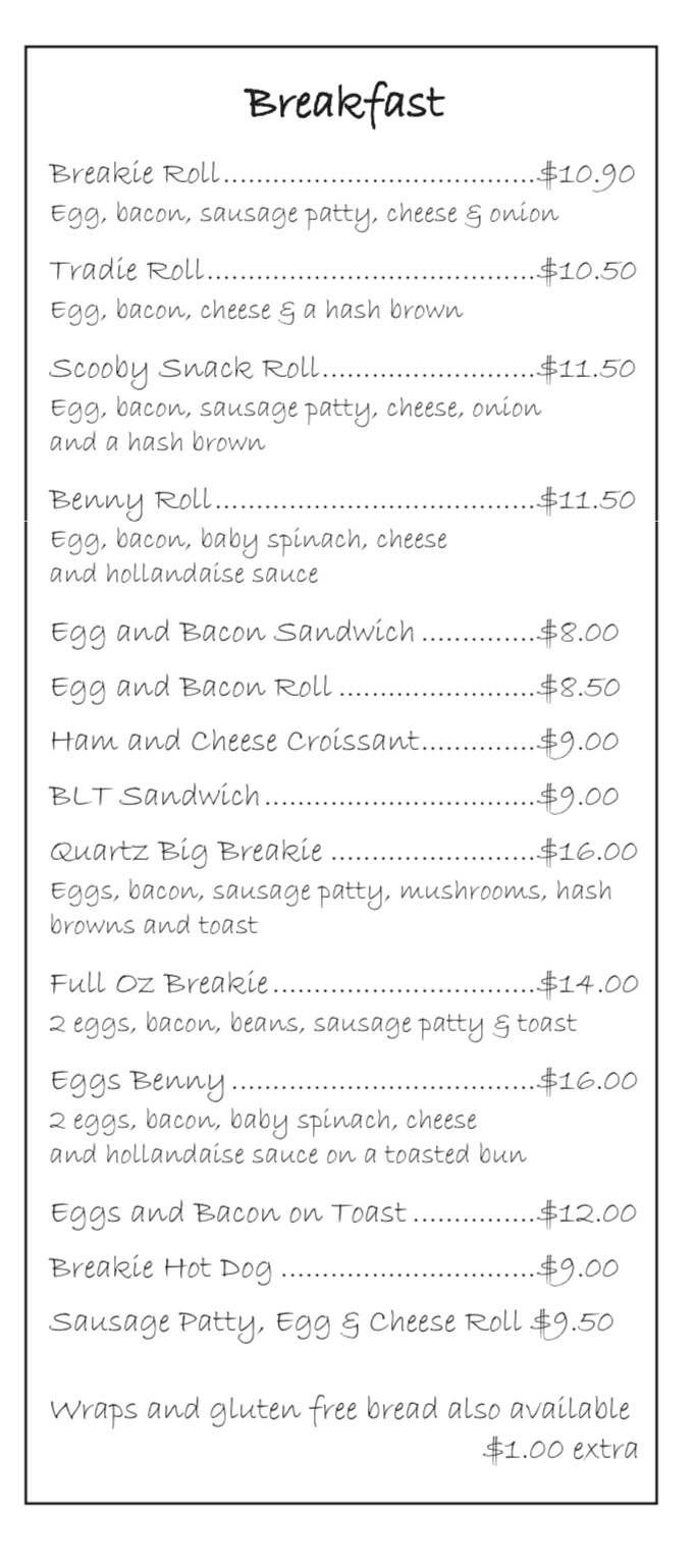 Menu at Quartz Cafe, Morphett Vale