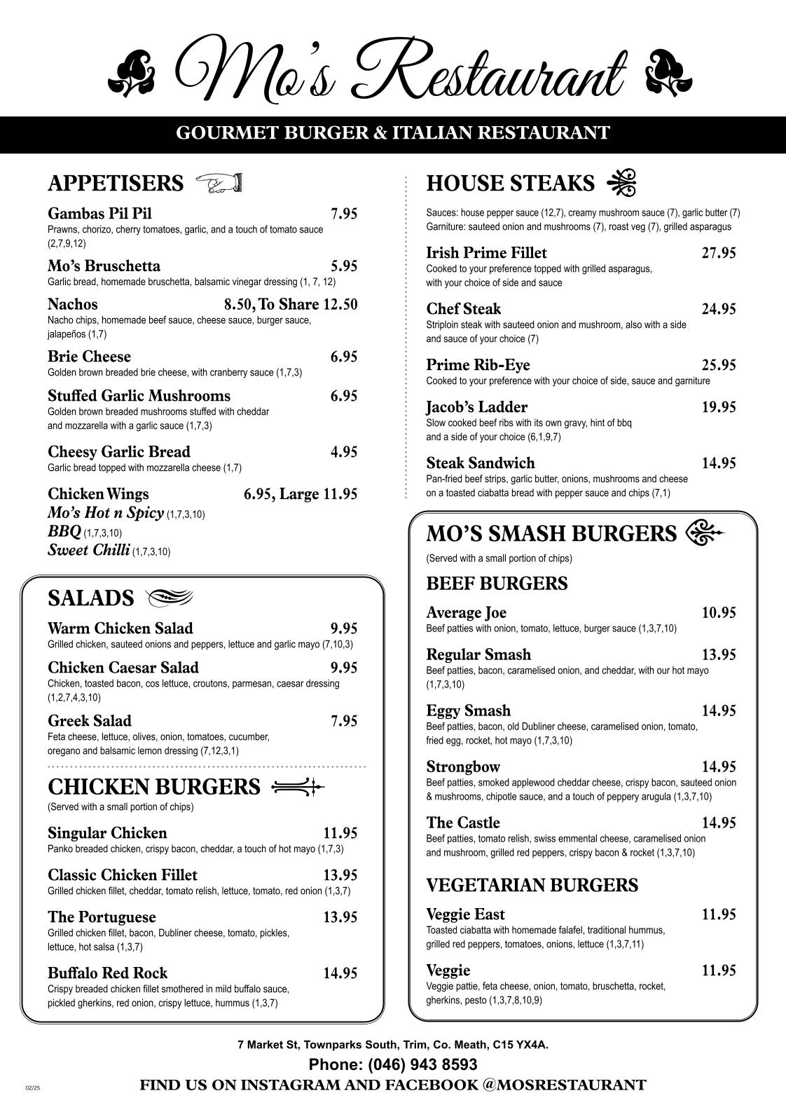 Menu at Mo’s Restaurant, Trim