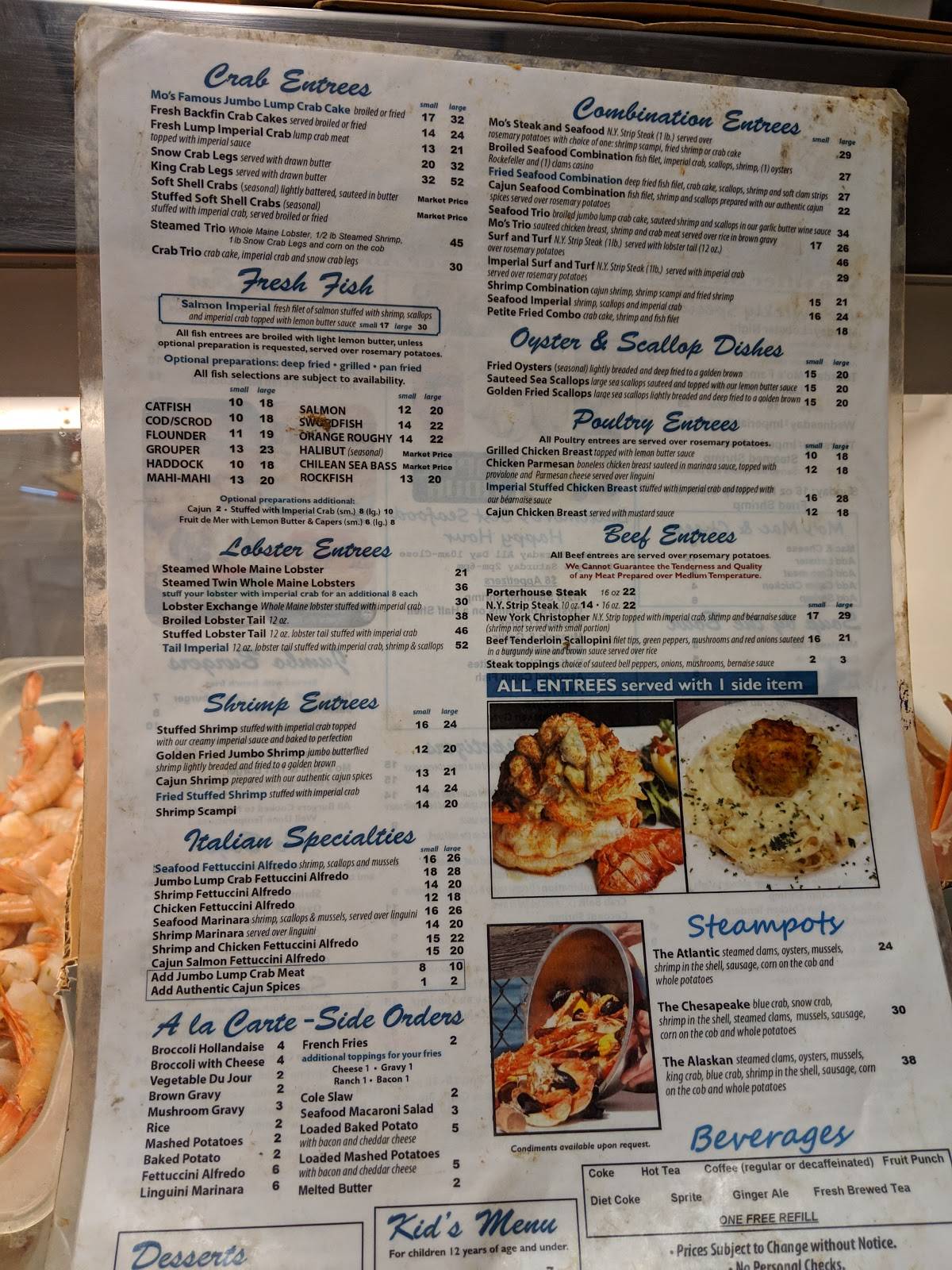 Menu at Mo's Seafood Restaurant White Marsh, Middle River