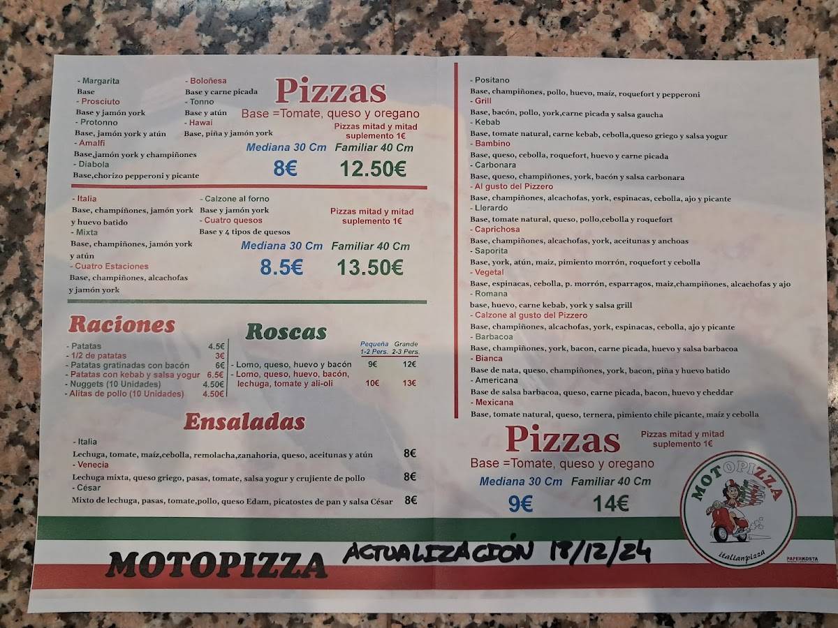 Carta del restaurante Moto Pizza, Motril