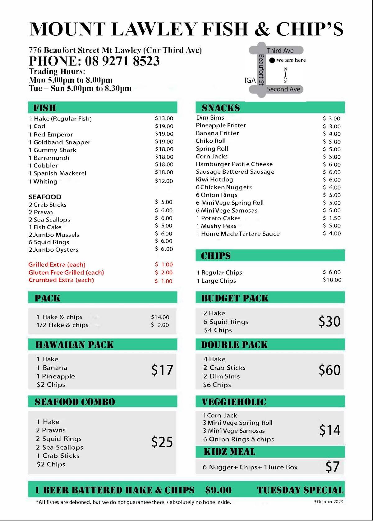Menu at Mount Lawley Fish & Chips fast food, Mount Lawley