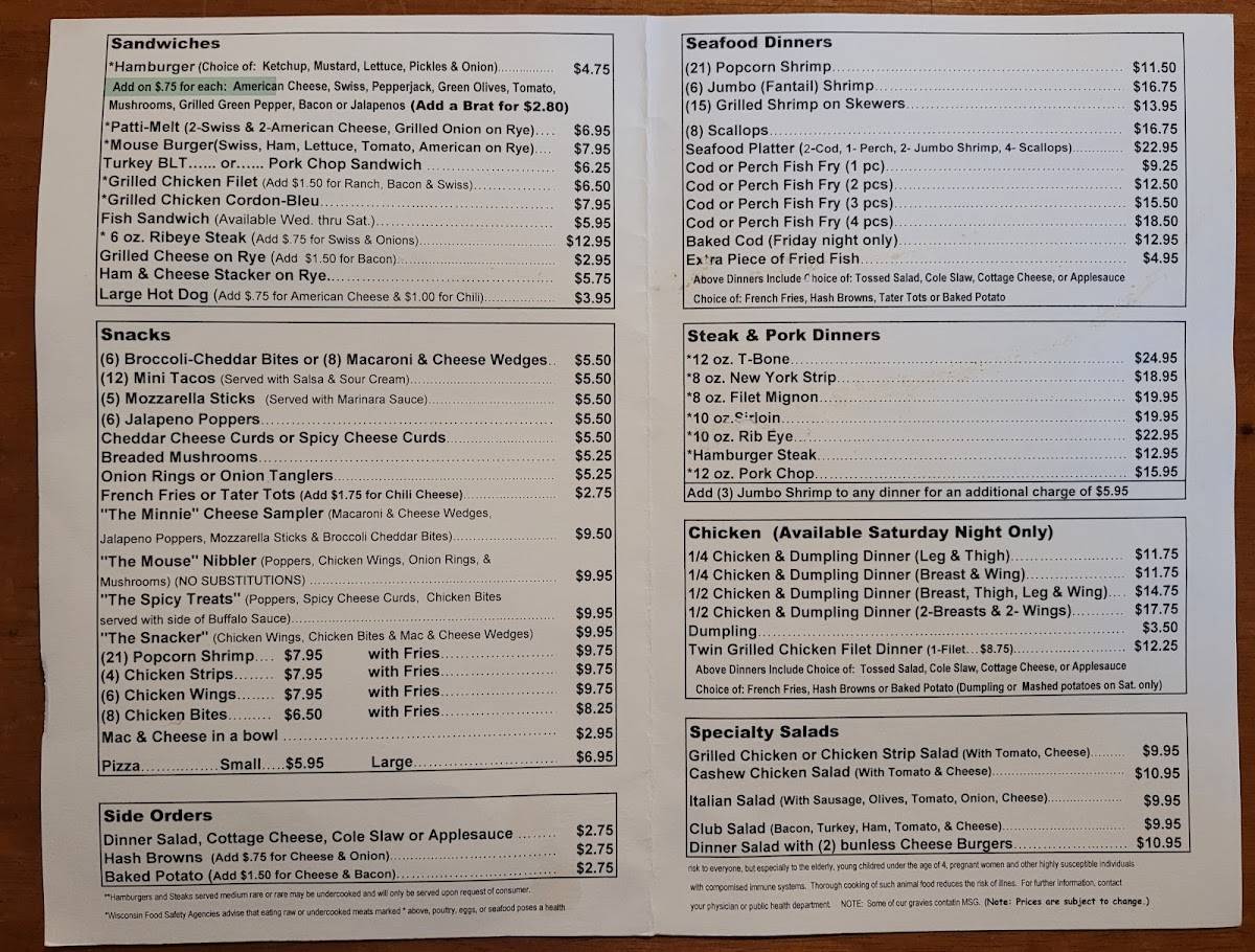 Menu at Mouse Tavern & Restaurant, Beloit