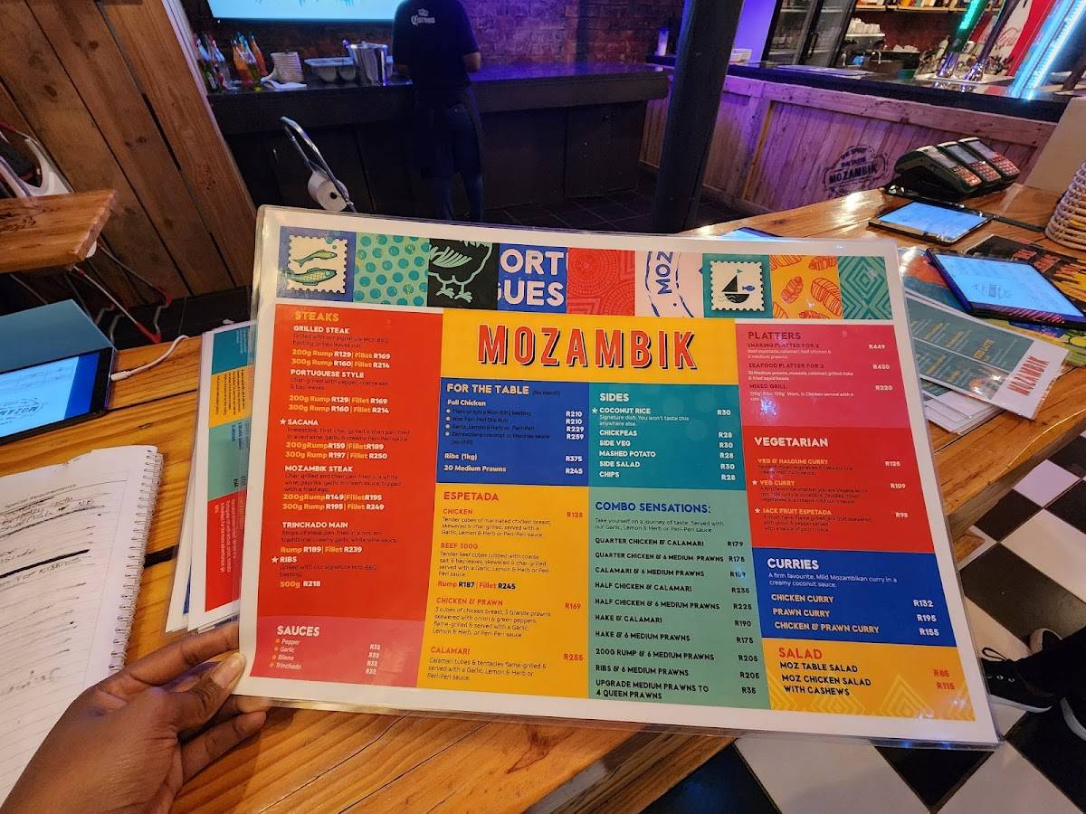 Menu at Mozambik Groenkloof restaurant, Pretoria