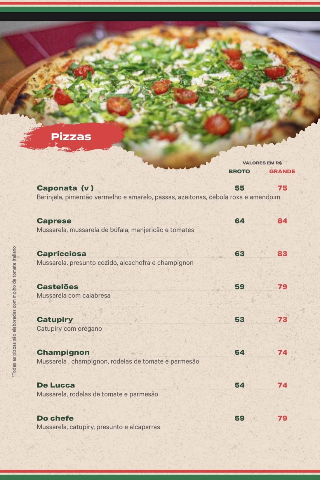 Menu em Mozzarello pizzaria, Ilhabela