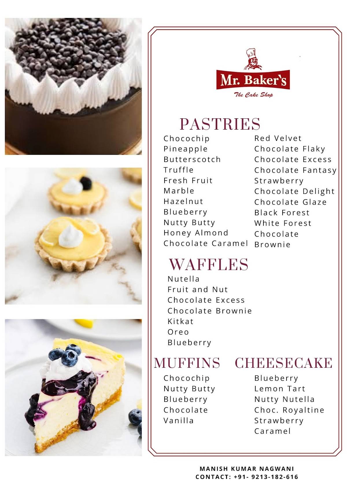 Menu at Mr Baker's The Cake shop, New Delhi