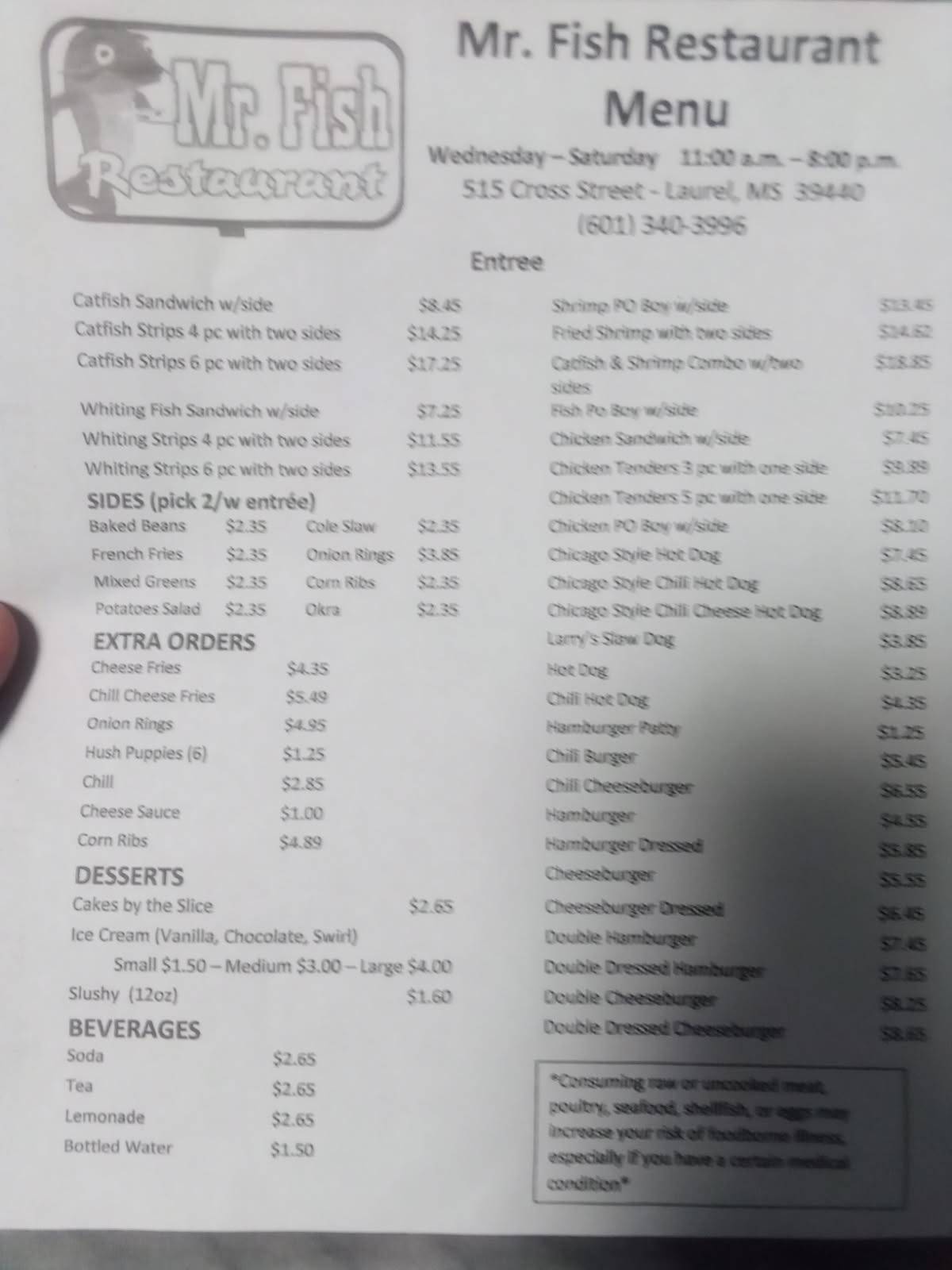 Menu at Mr Fish restaurant, Laurel
