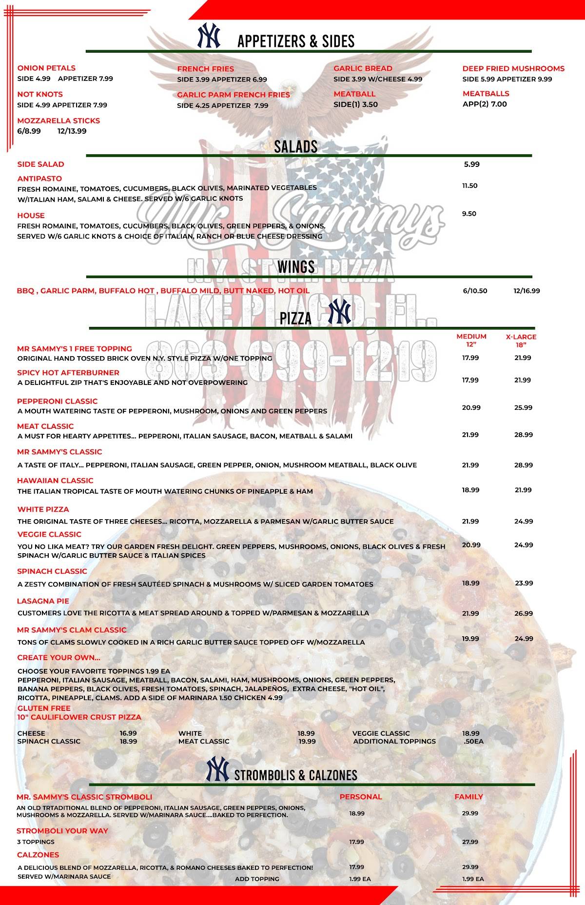 Menu at Mr Sammy's Pizza pizzeria, Lake Placid, 312 W Interlake Blvd