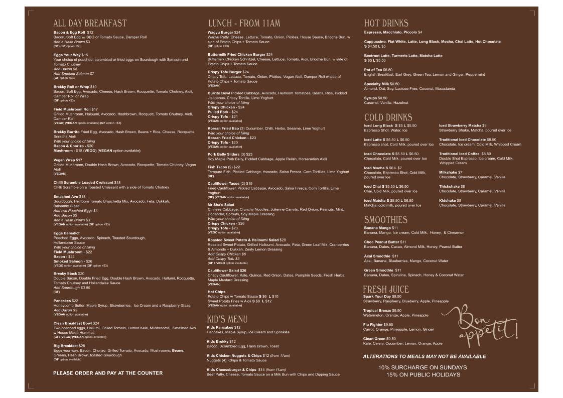 Menu at Mr Sha Shas cafe, Long Jetty
