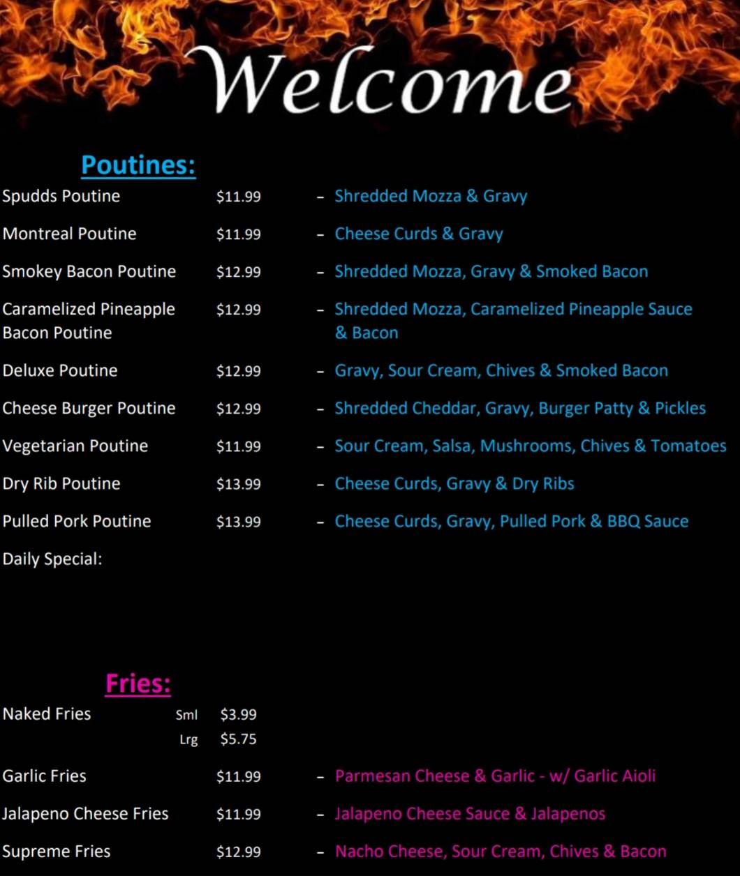 Menu at Mr. Spudds Poutinerie And More restaurant, Canada