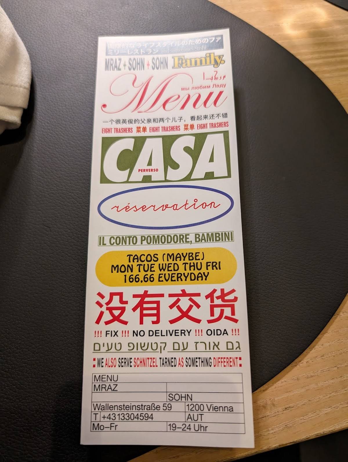 Menu at Mraz & Sohn restaurant, Vienna