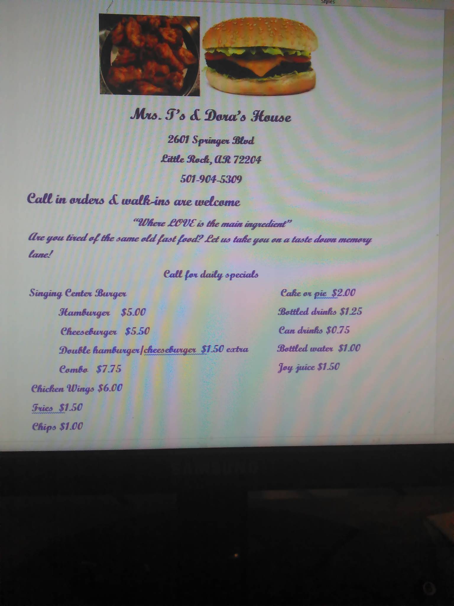 Menu at Mrs. T's & Dora's House restaurant, Little Rock, Springer Blvd