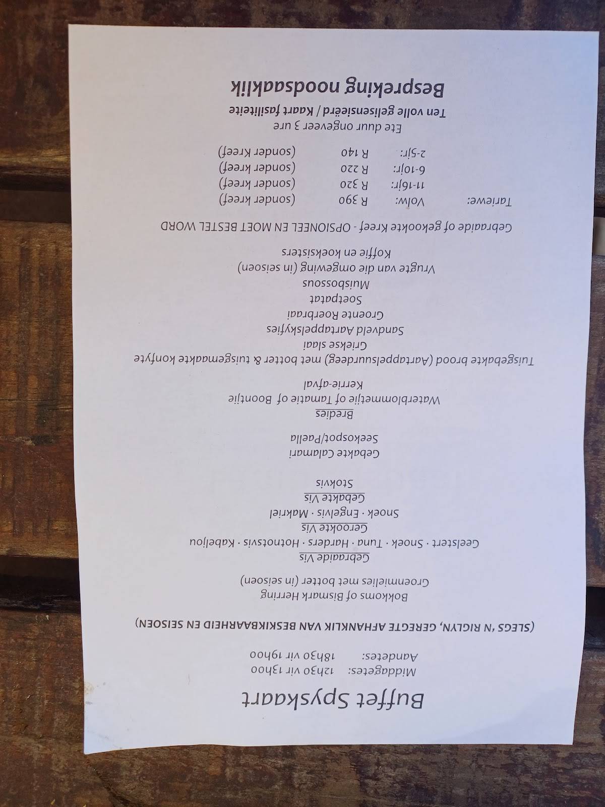 Menu at Muisbosskerm Open Air Restaurant, Lambert's Bay, R365