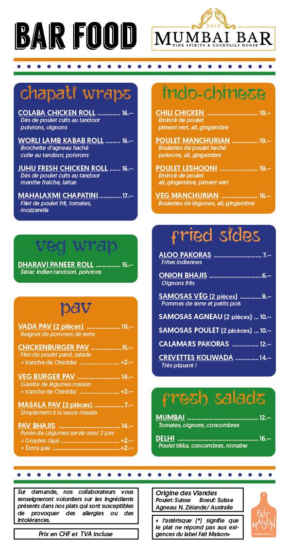 Menu au Mumbai Bar, Nyon