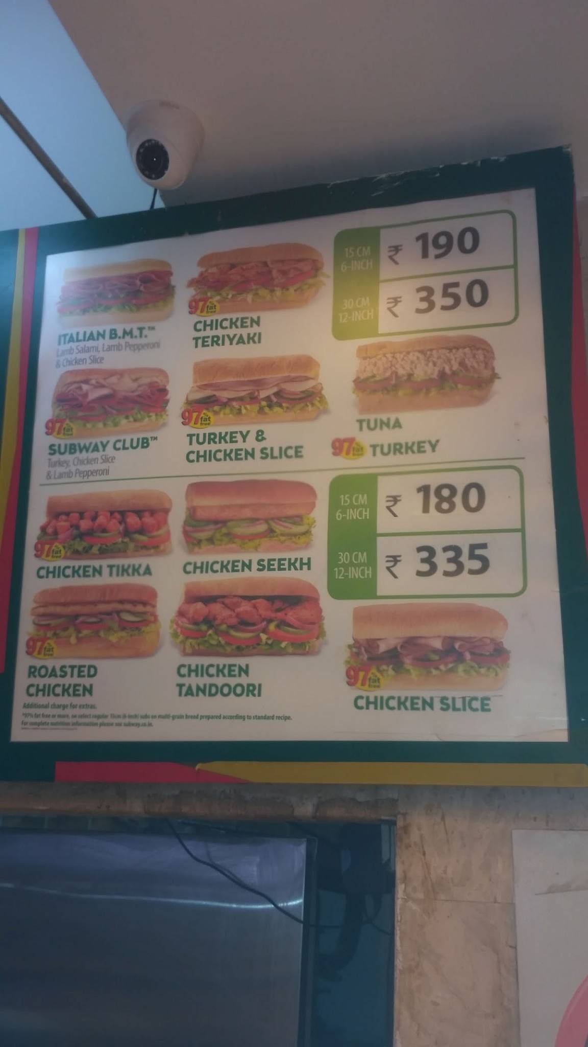 Menu at Subway, Mumbai, 65 Muzban Road