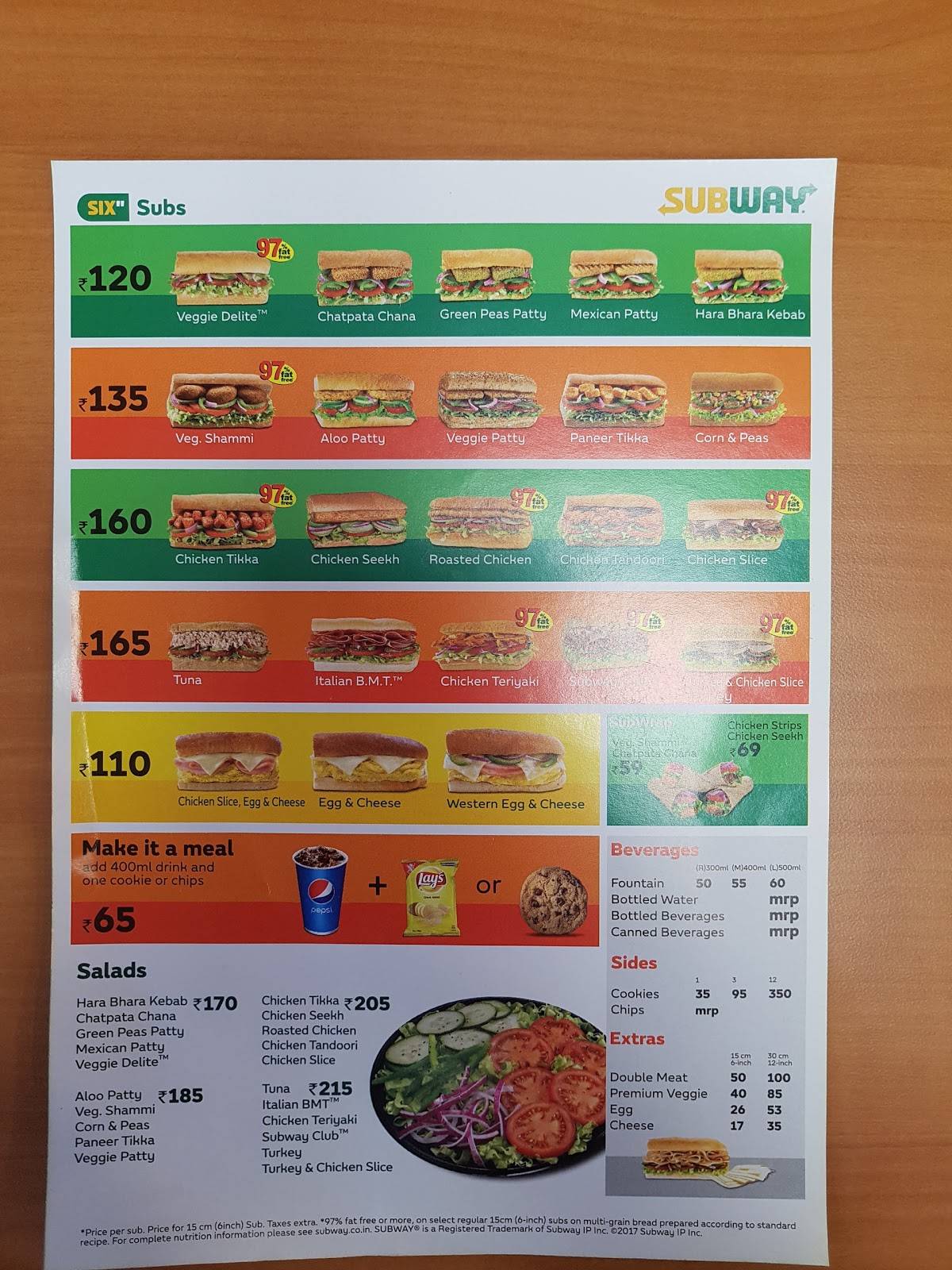 Menu at Subway, Mumbai, 4RJ7+W2R