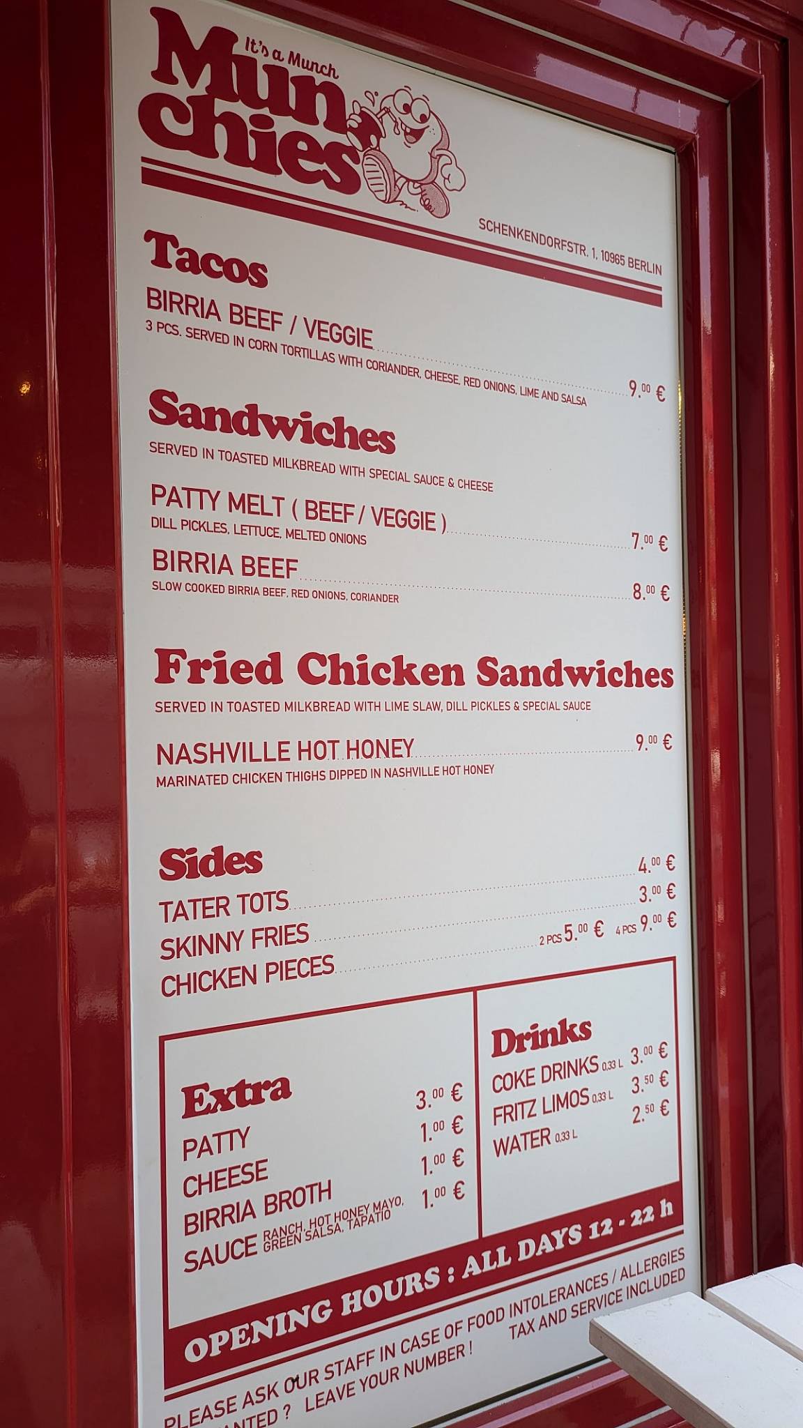 Speisekarte von Munchies restaurant, Berlin, Schenkendorfstraße 1