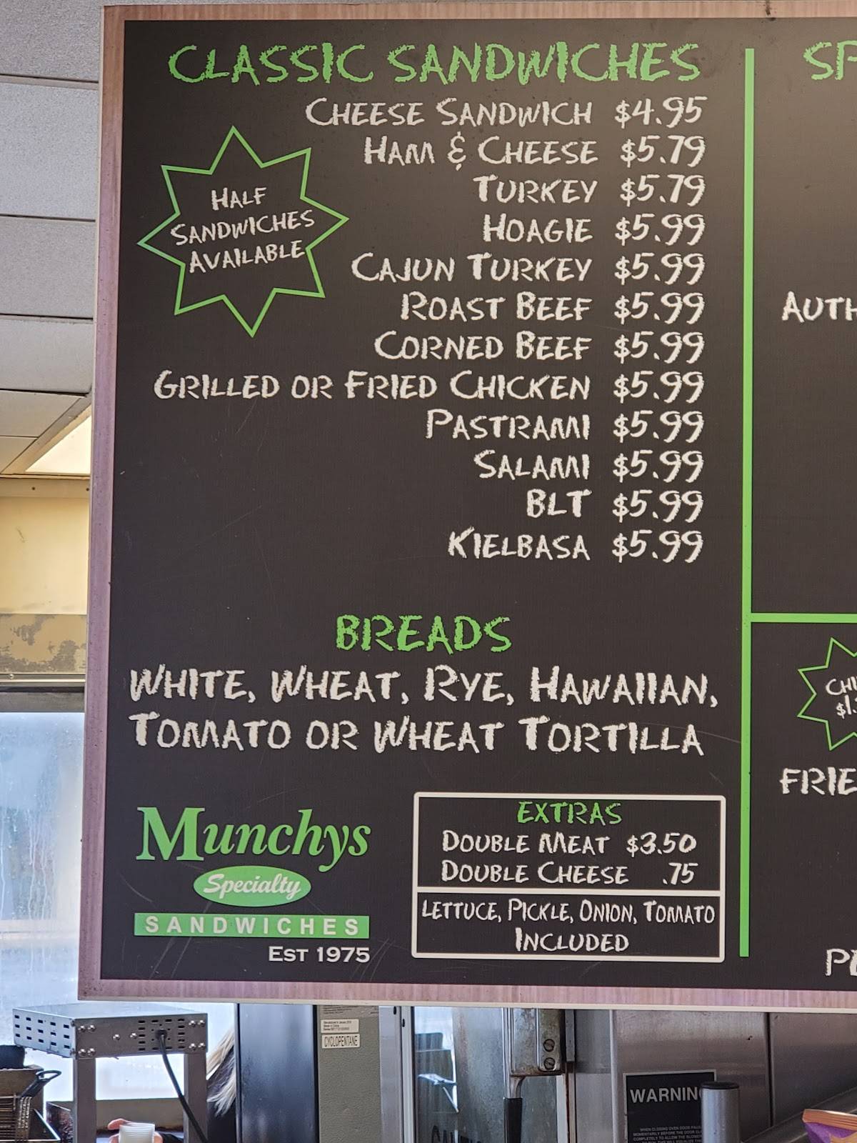 Menu at Munchy's restaurant, Jonesboro