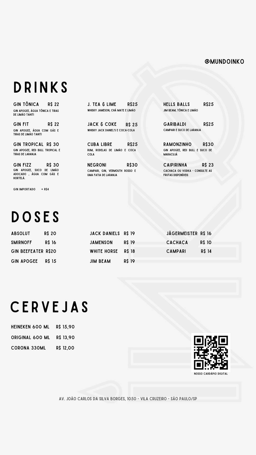 Menu at Mundo Inko pub & bar, São Paulo