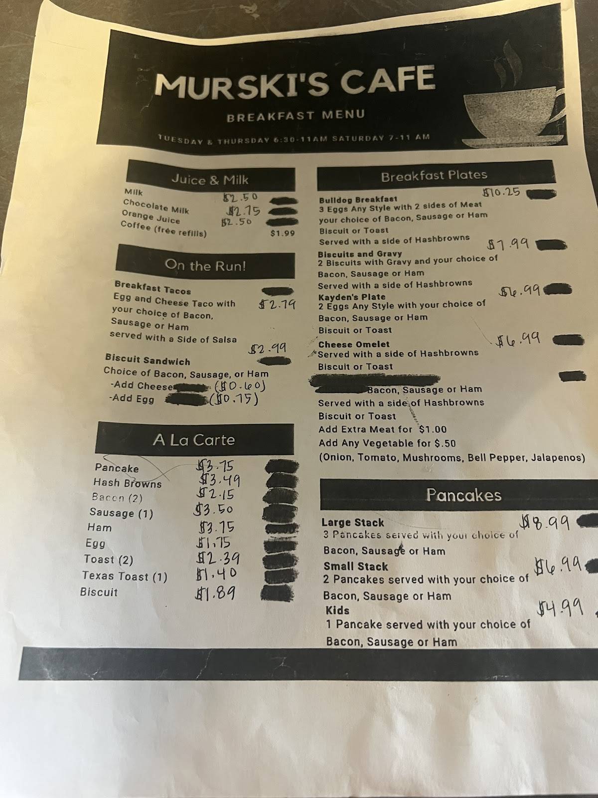 Menu at Murski's Cafe, New Waverly