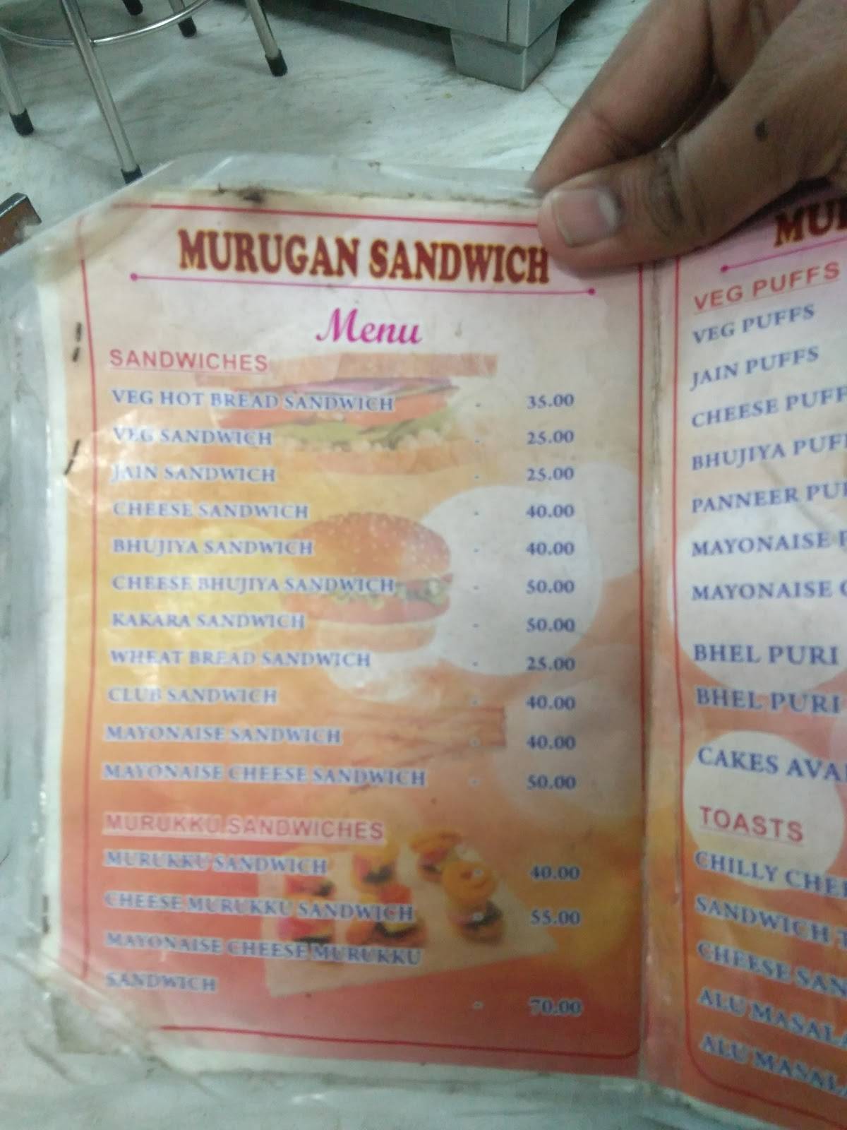 Menu at Murugan Sandwich, Chennai