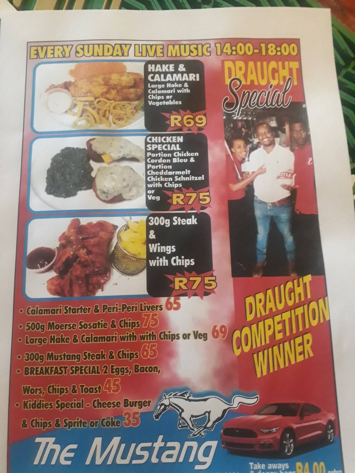 Menu at Mustang restaurant, Welkom