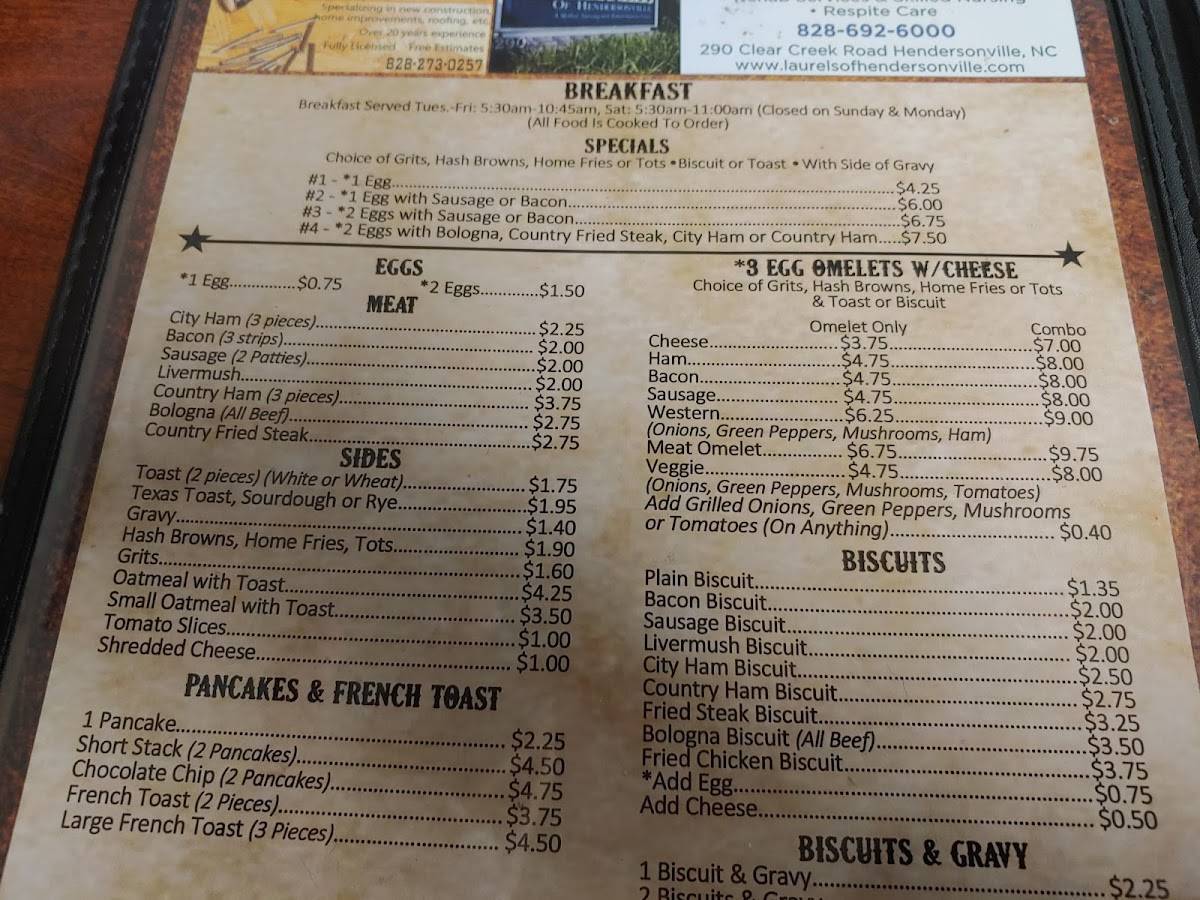 Menu at Mustang Cafe, Hendersonville, 140 Tracy Grove Rd