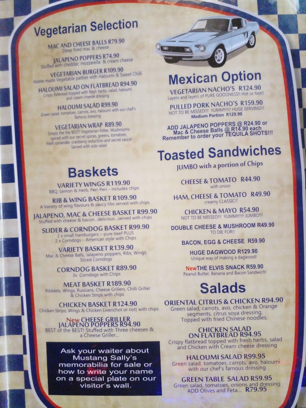 Menu at Mustang Sally's Pub & Diner Montana, Pretoria