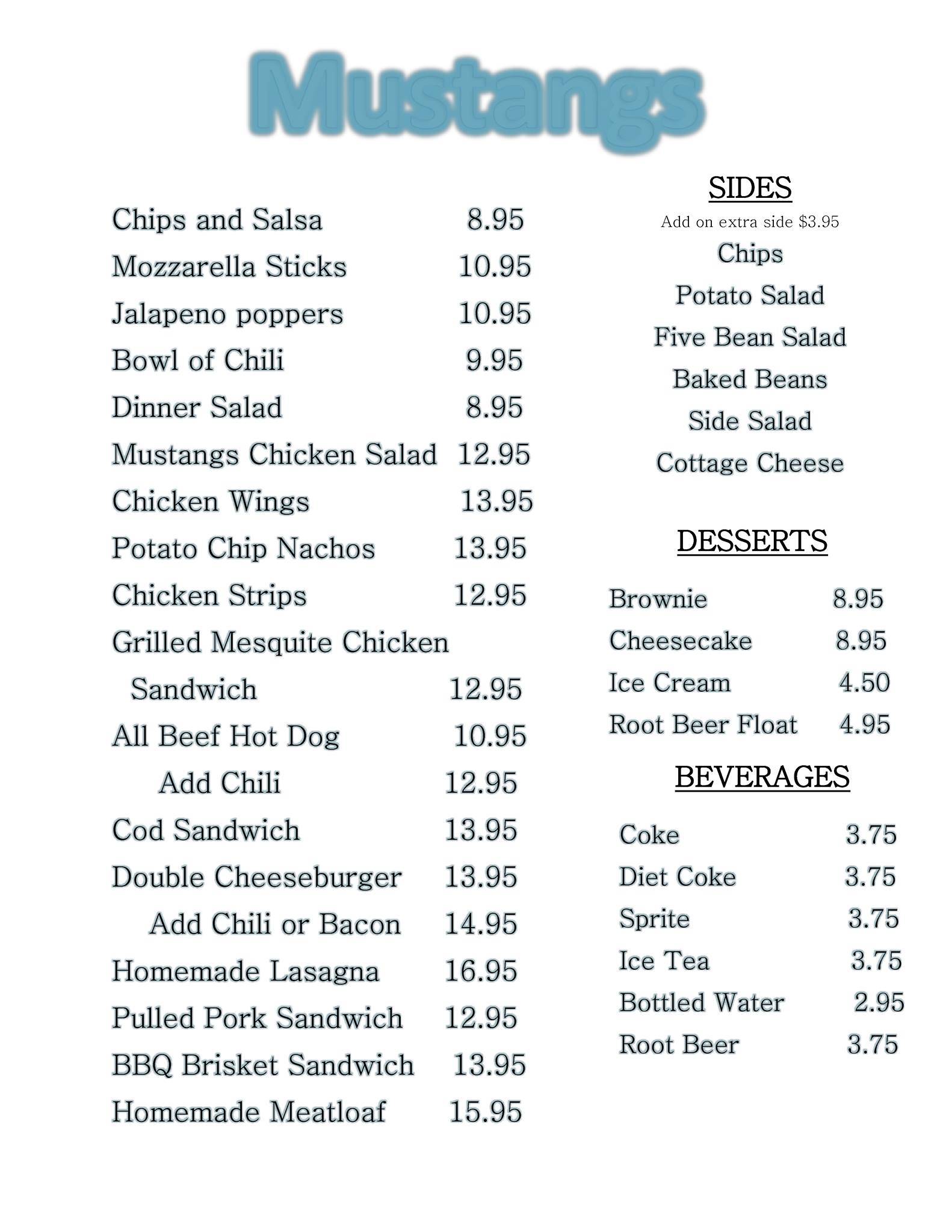 Menu at Mustangs pub & bar, Parachute