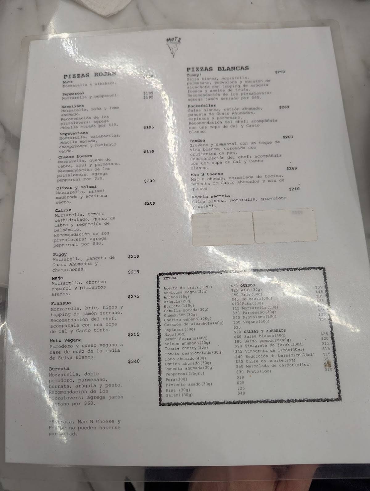 Menu at Mutz pizza restaurant, Guadalajara