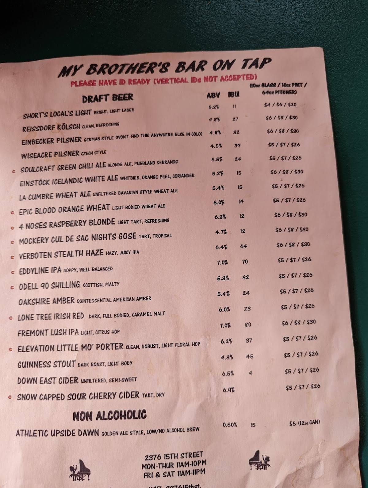 Menu at My Brother's Bar, Denver