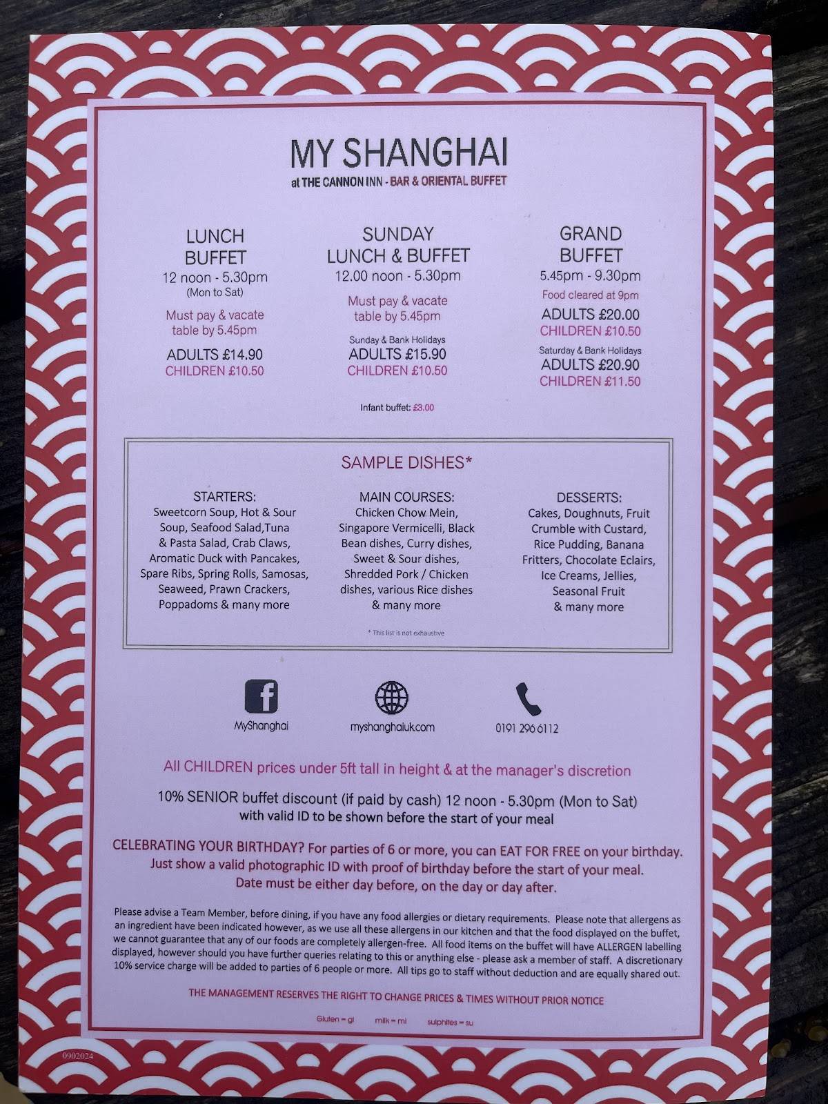 Menu at My Shanghai Bar & Oriental Buffet, North Shields, The Cannon Inn
