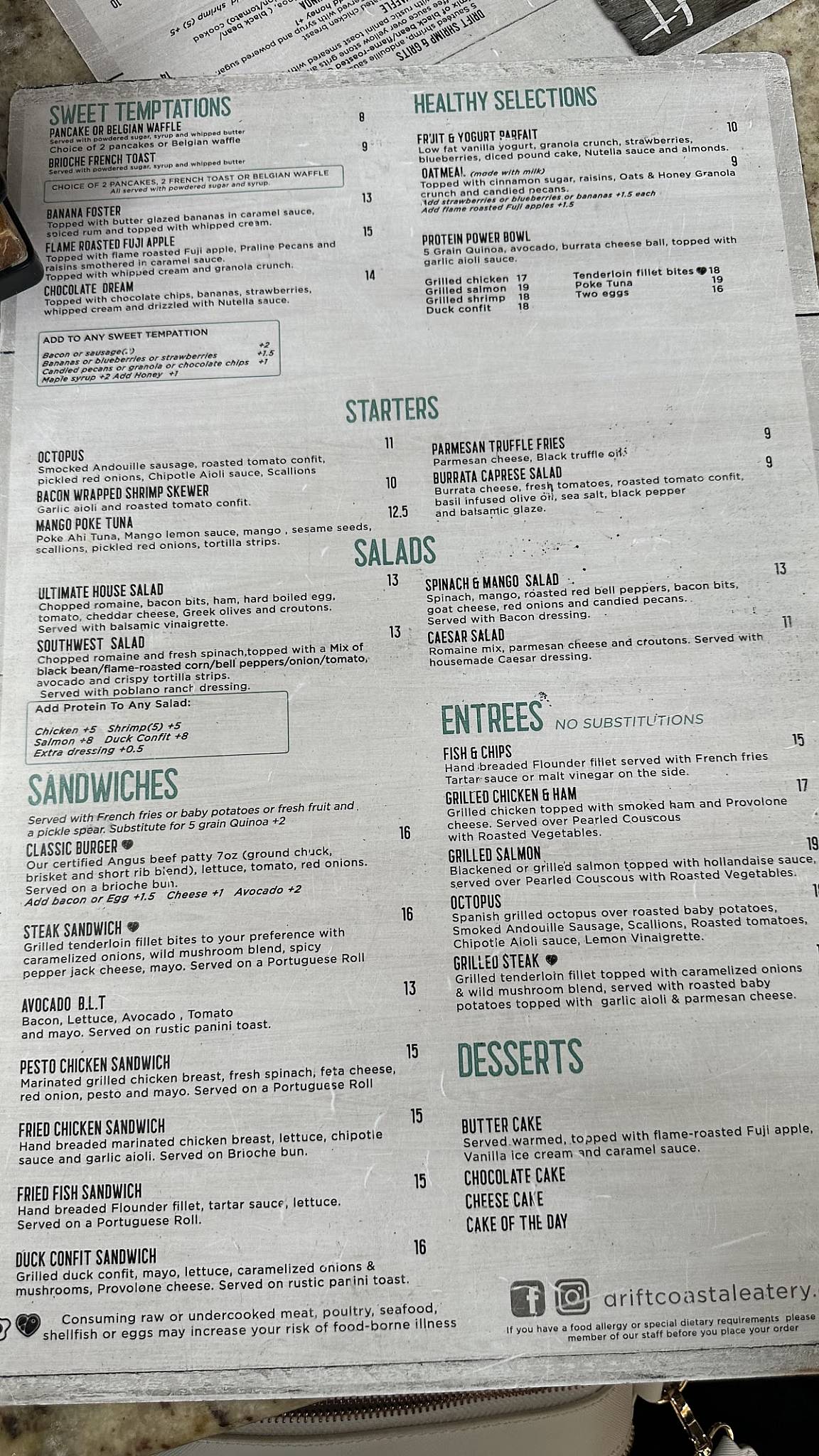Menu at Drift restaurant, Myrtle Beach