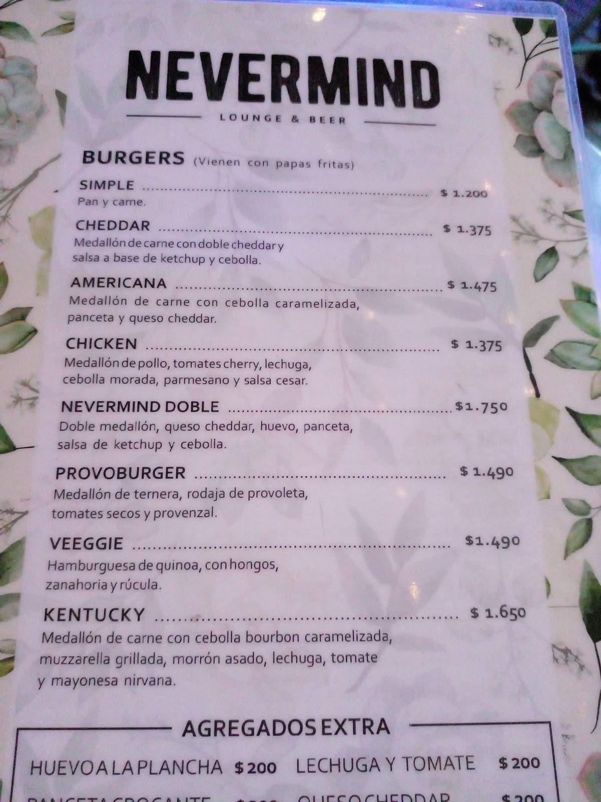 Carta del pub y bar NEVERMIND lounge & beer, Villa Bosch