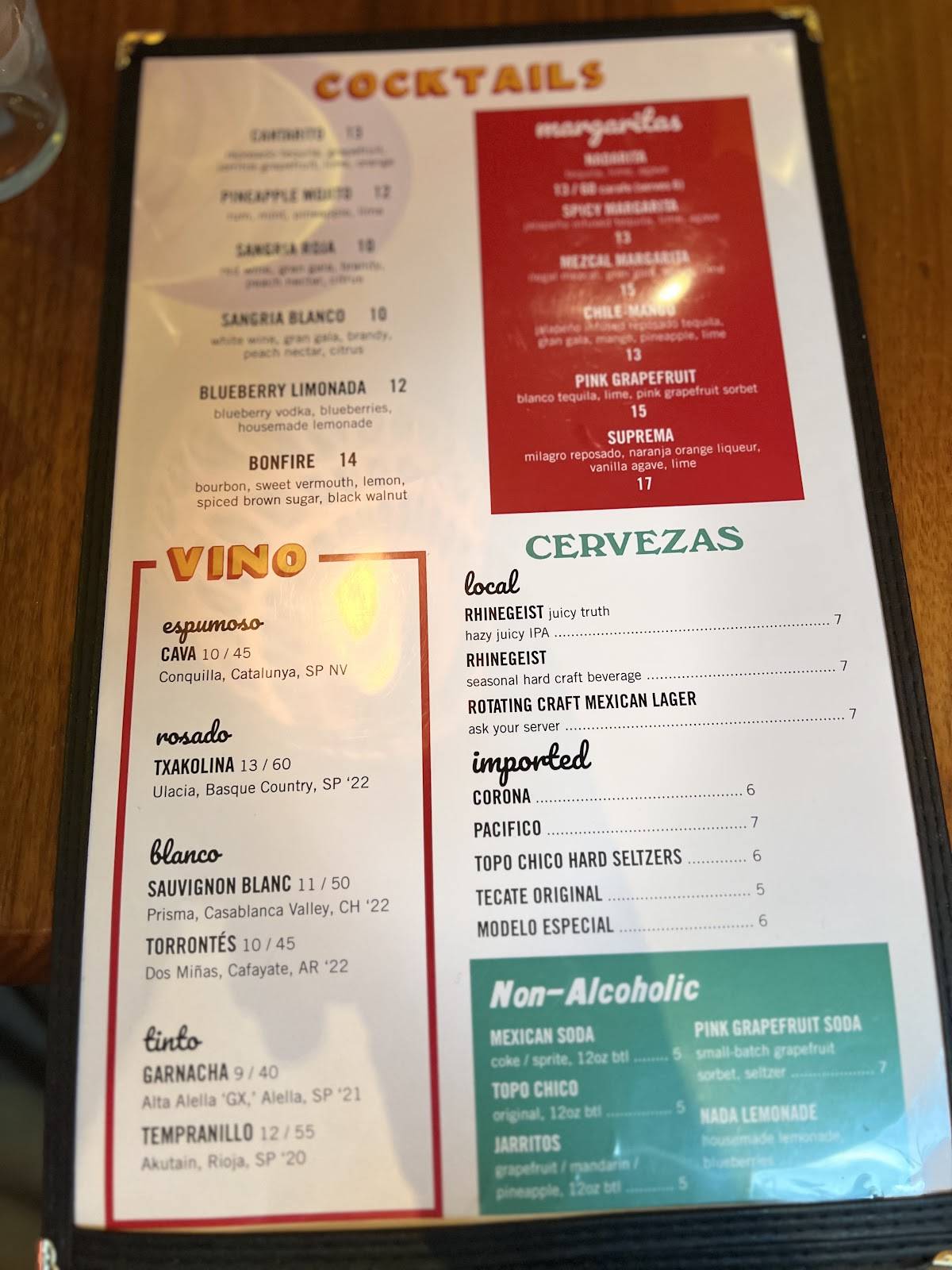 Menu at Nada restaurant, Cincinnati
